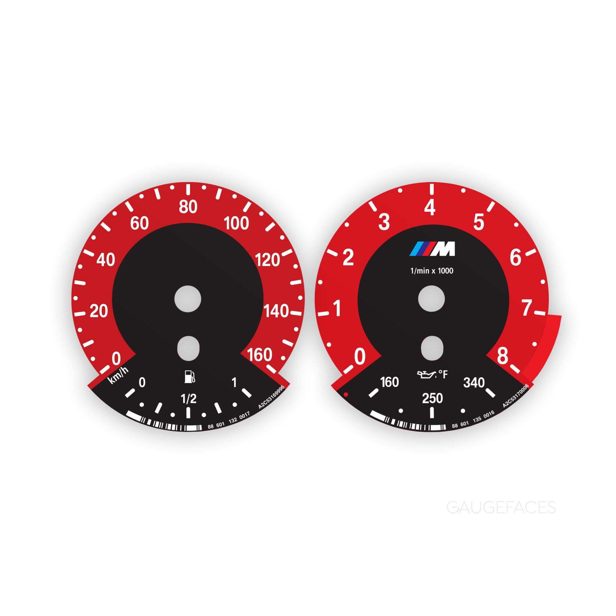 BMW E90 E92 M-Style Gauge Faces Set – 160 mph – Black/Red - Gauge Faces